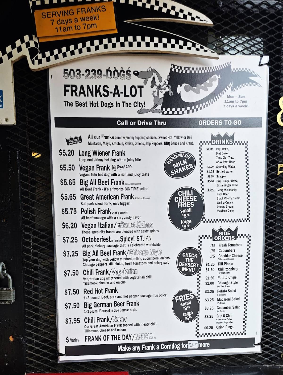 Menu at Franks A Lot restaurant, Portland