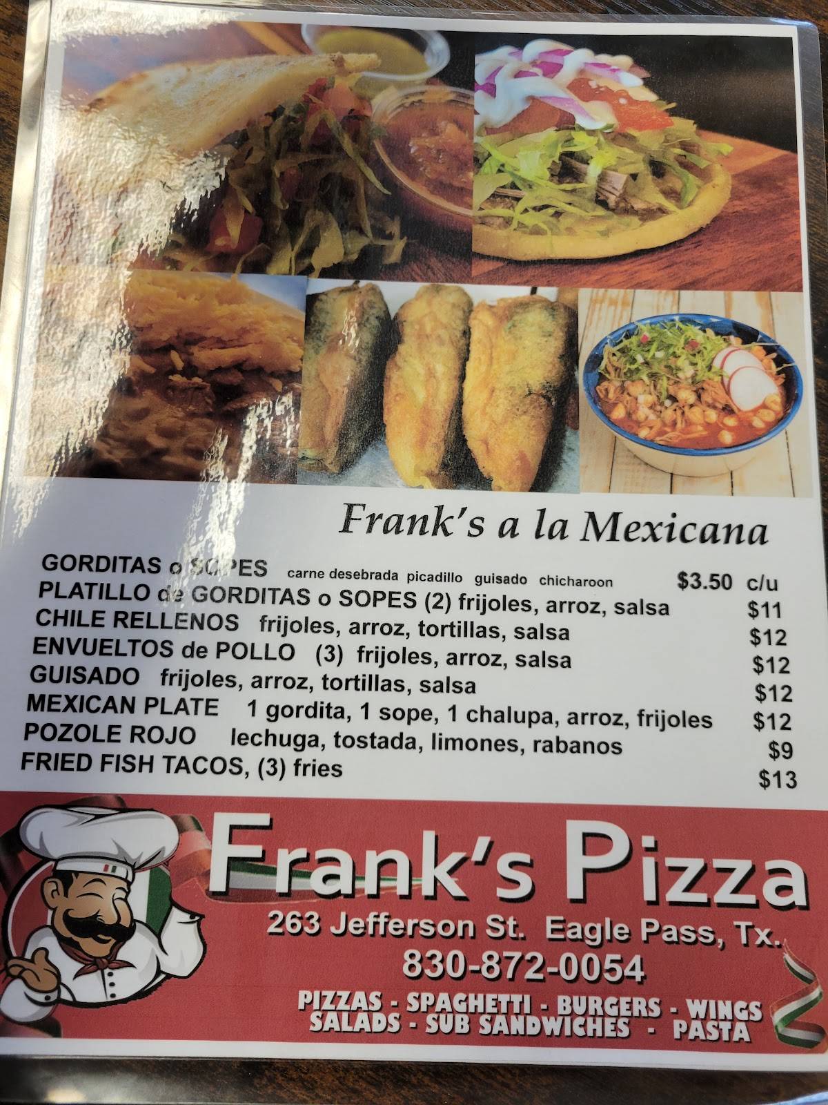 Menu at Frank's Pizza restaurant, Eagle Pass