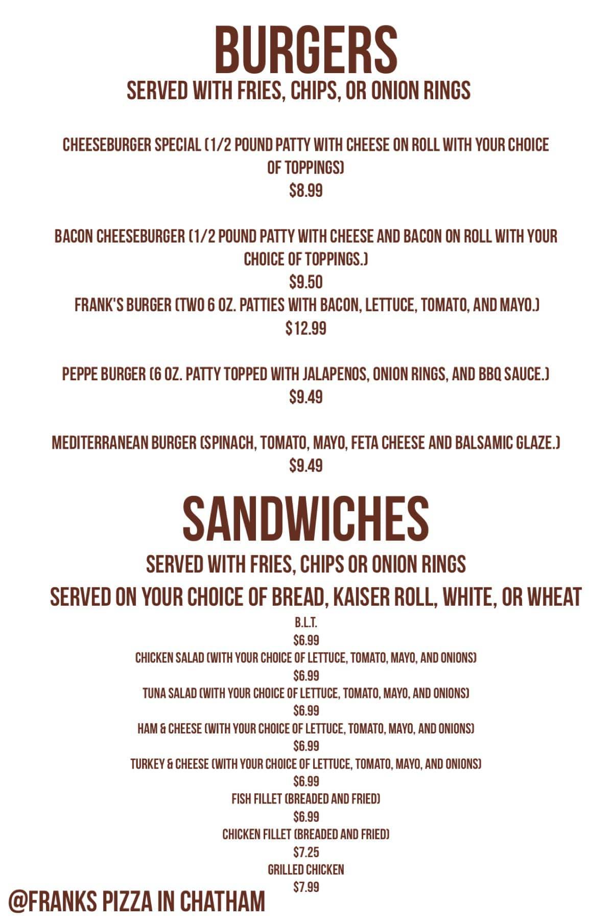 Menu at Frank's Pizza pizzeria, Chatham, US-29