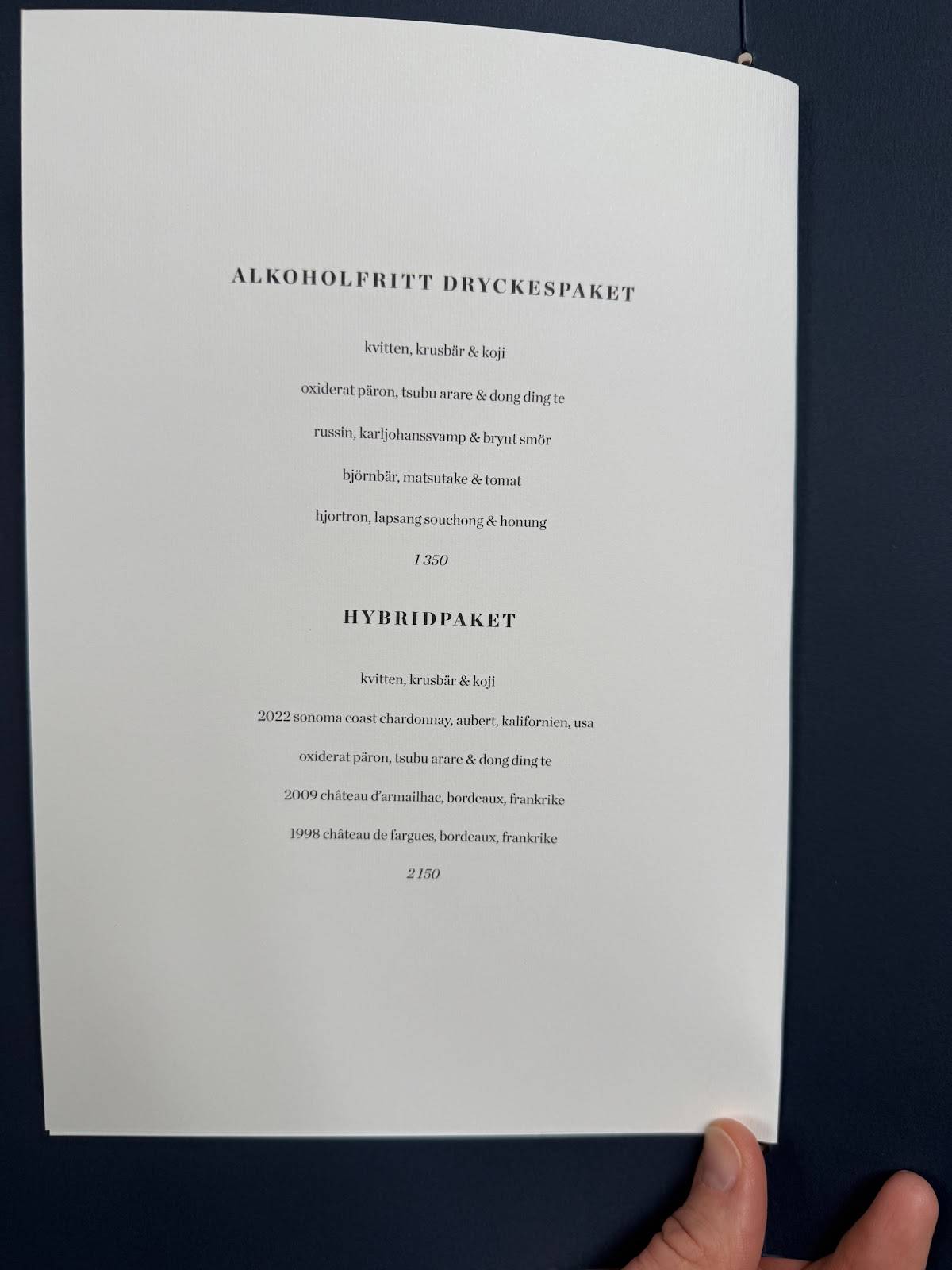 Menu at Frantzén restaurant, Stockholm, Klara Norra kyrkogata 26