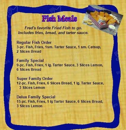 Menu at Fred's Fish restaurant, San Antonio, 660 Old Hwy 90 W