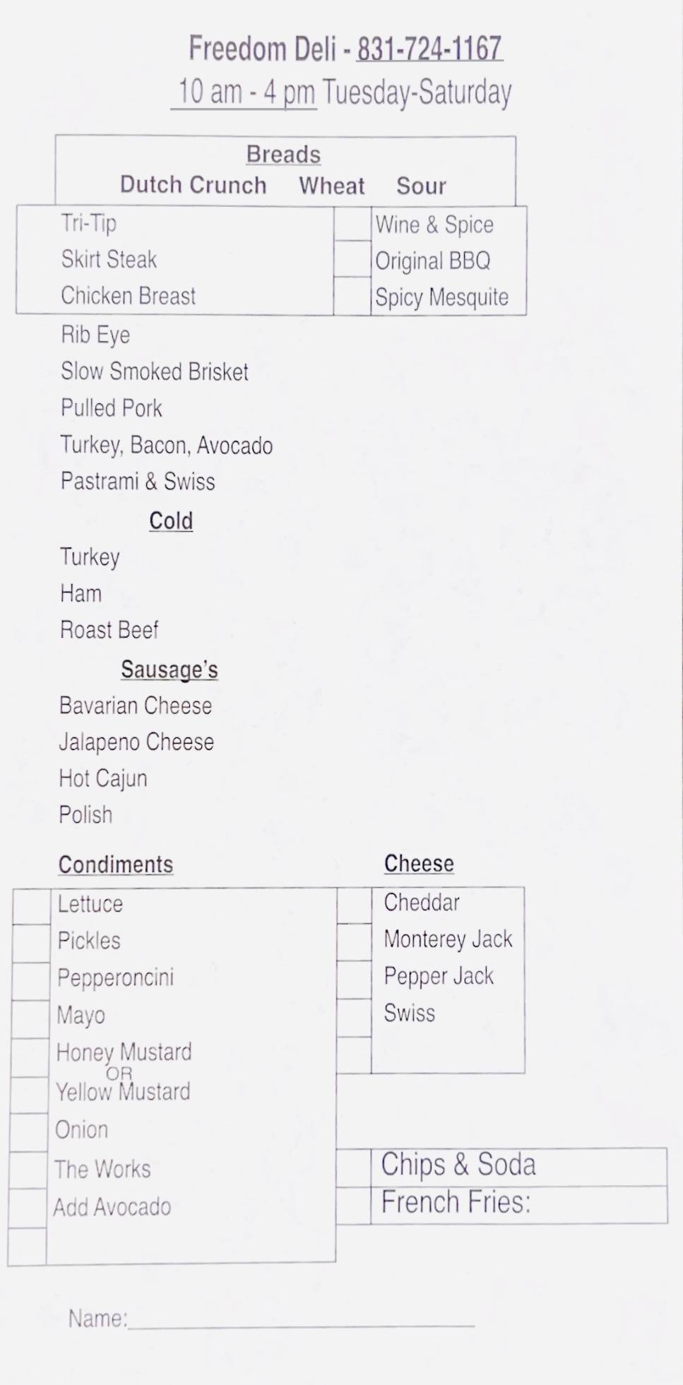Menu at Freedom Meat Lockers restaurant, Freedom