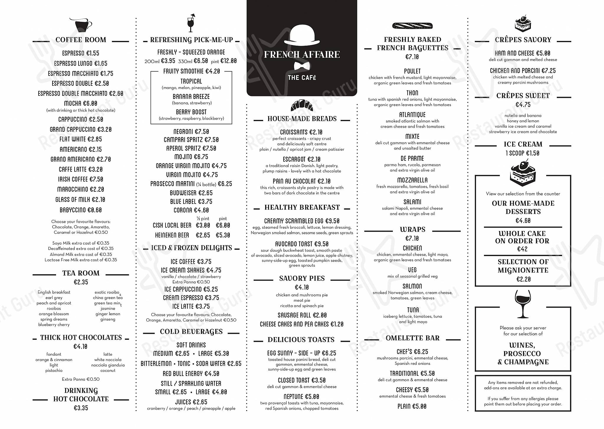Menu at French Affaire cafe, Sliema