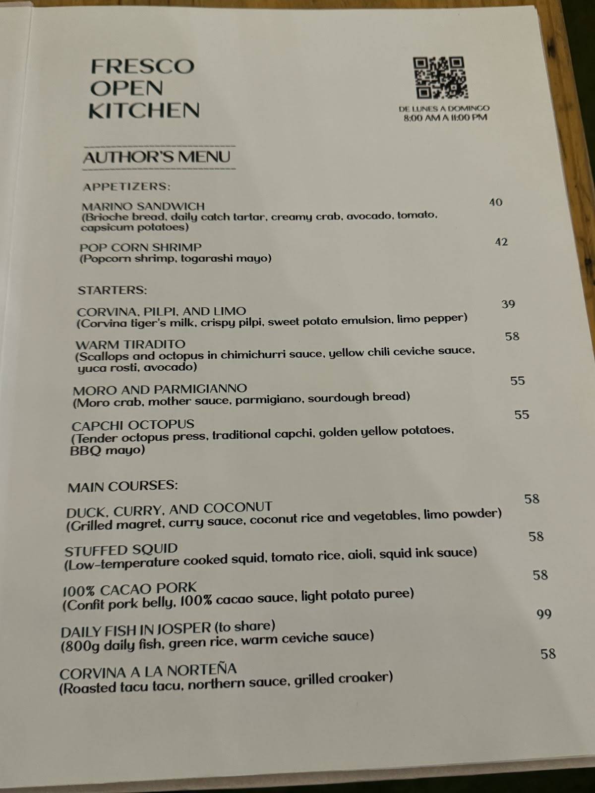Carta del restaurante Fresco Open Kitchen, Paracas, Aahh Alan García ...