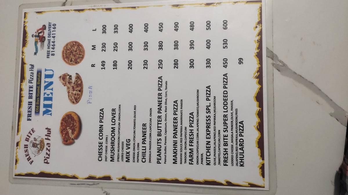 Menu at Fresh bite pizza hut, India