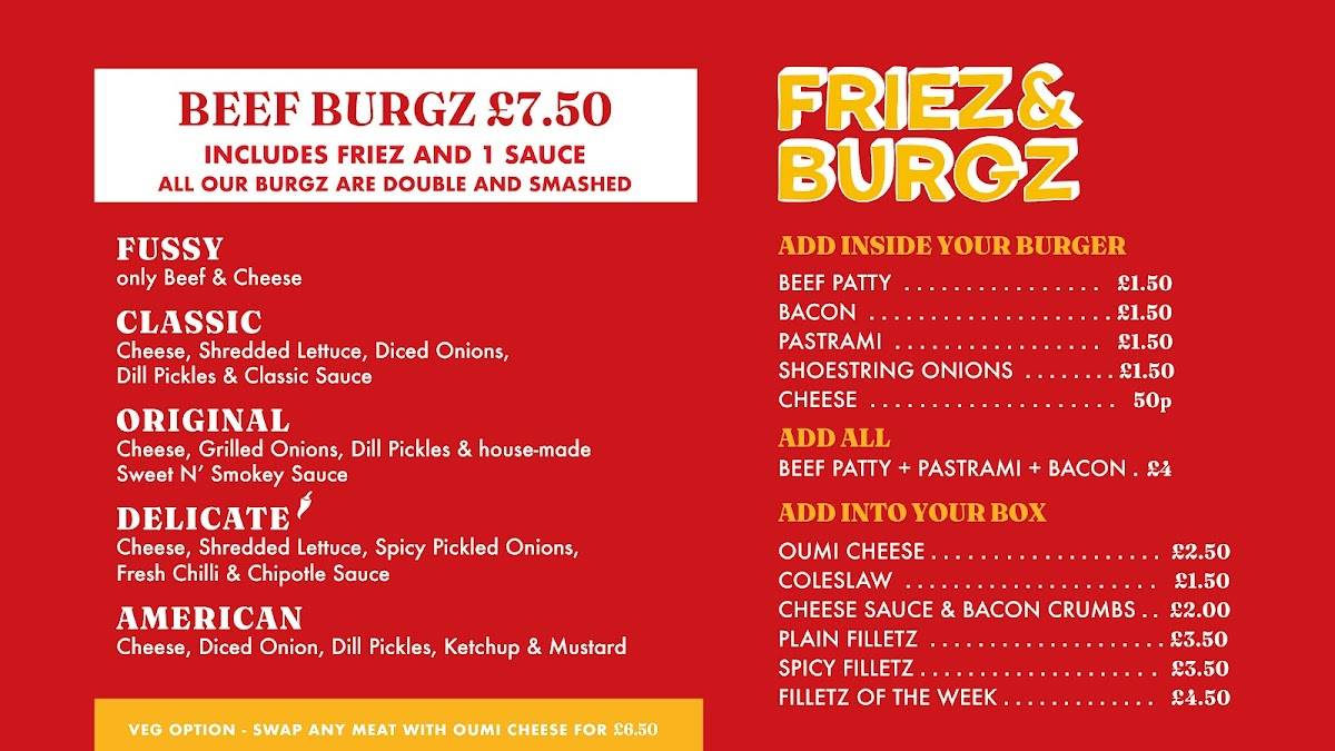 Menu at Friez & Burgz South Shields restaurant, South Shields