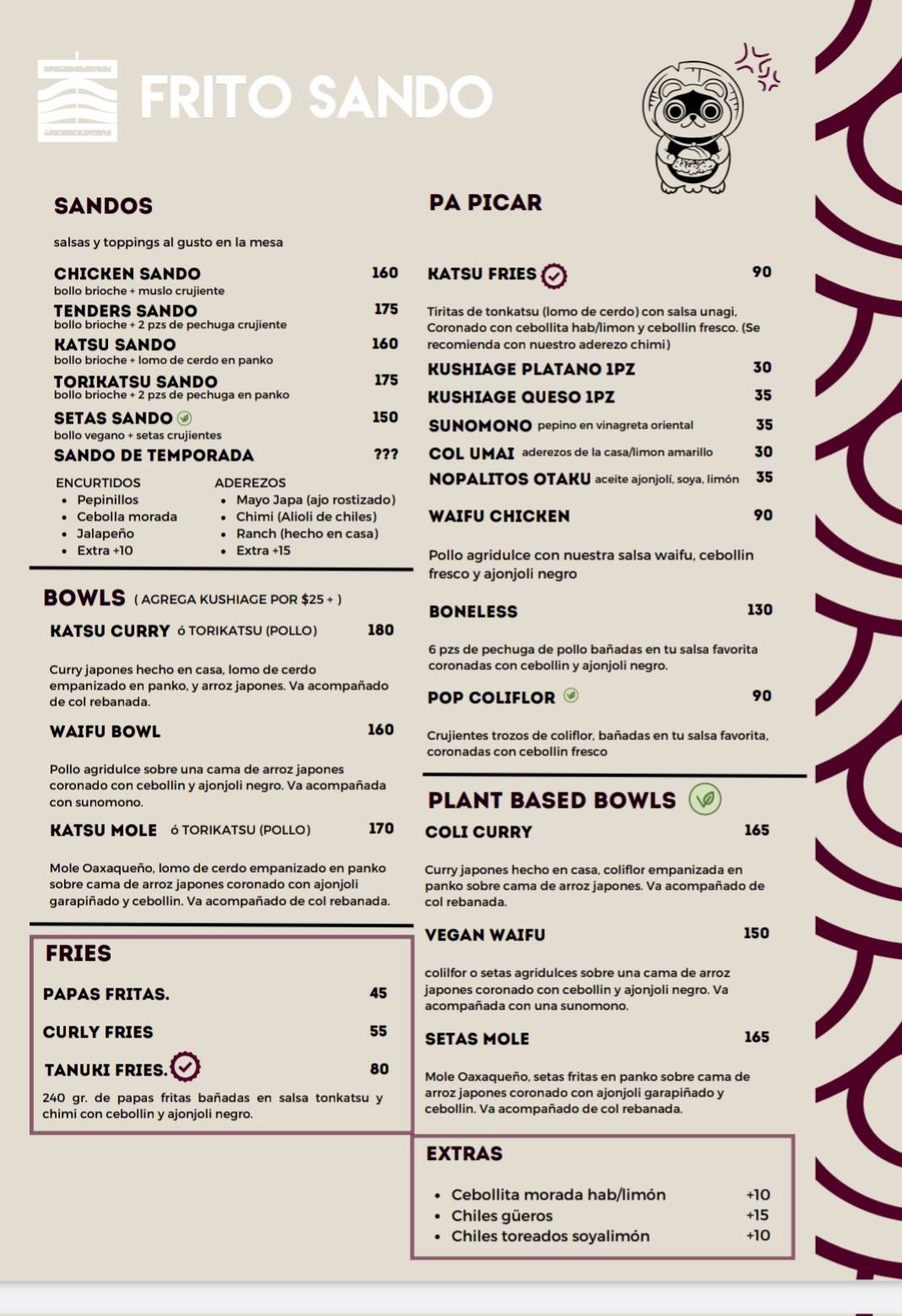 Carta del restaurante Frito Sando, Ciudad del México