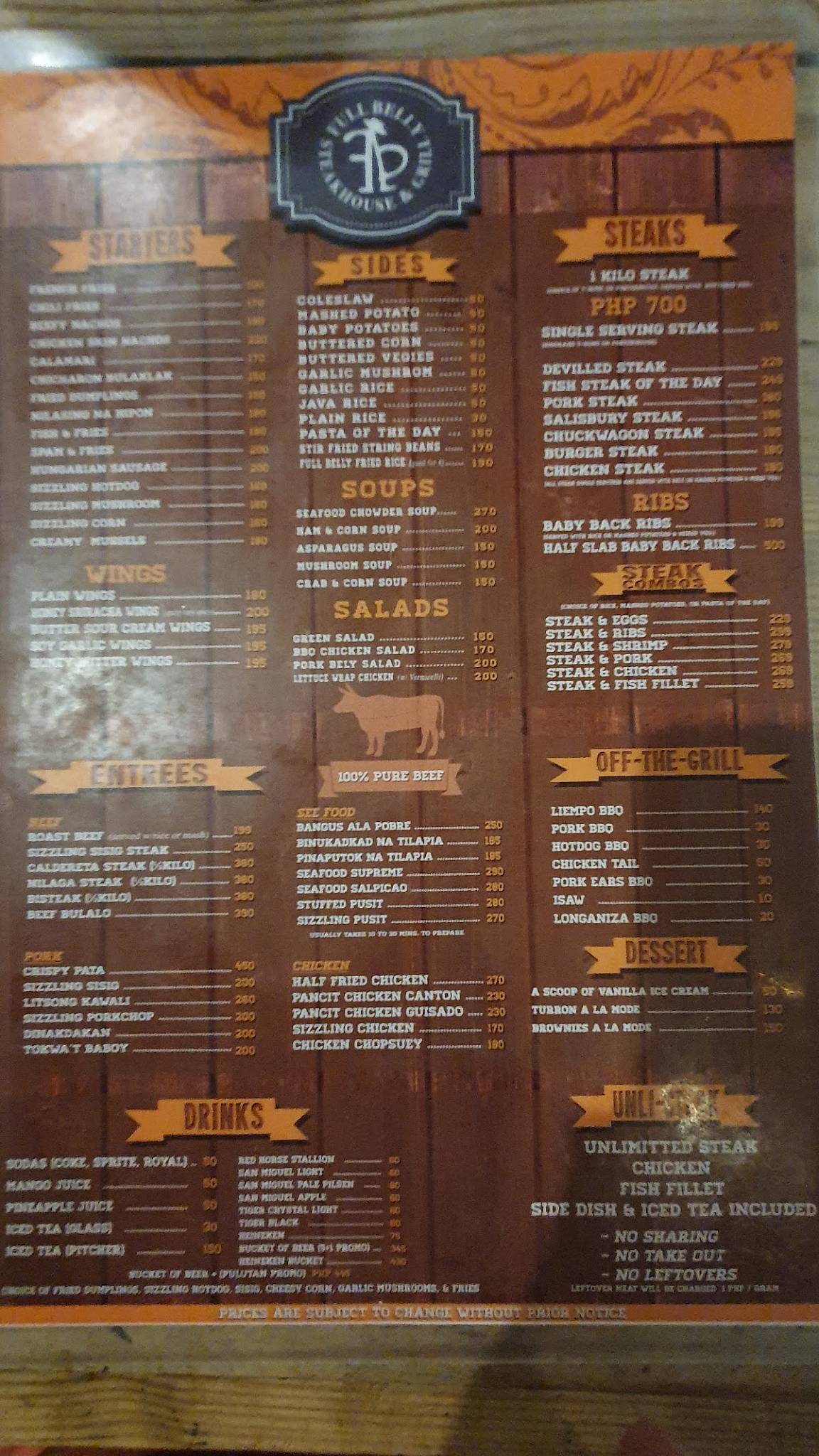 Menu at Full Belly Steakhouse and Grill, Angeles, 3-8 Magalang Ave