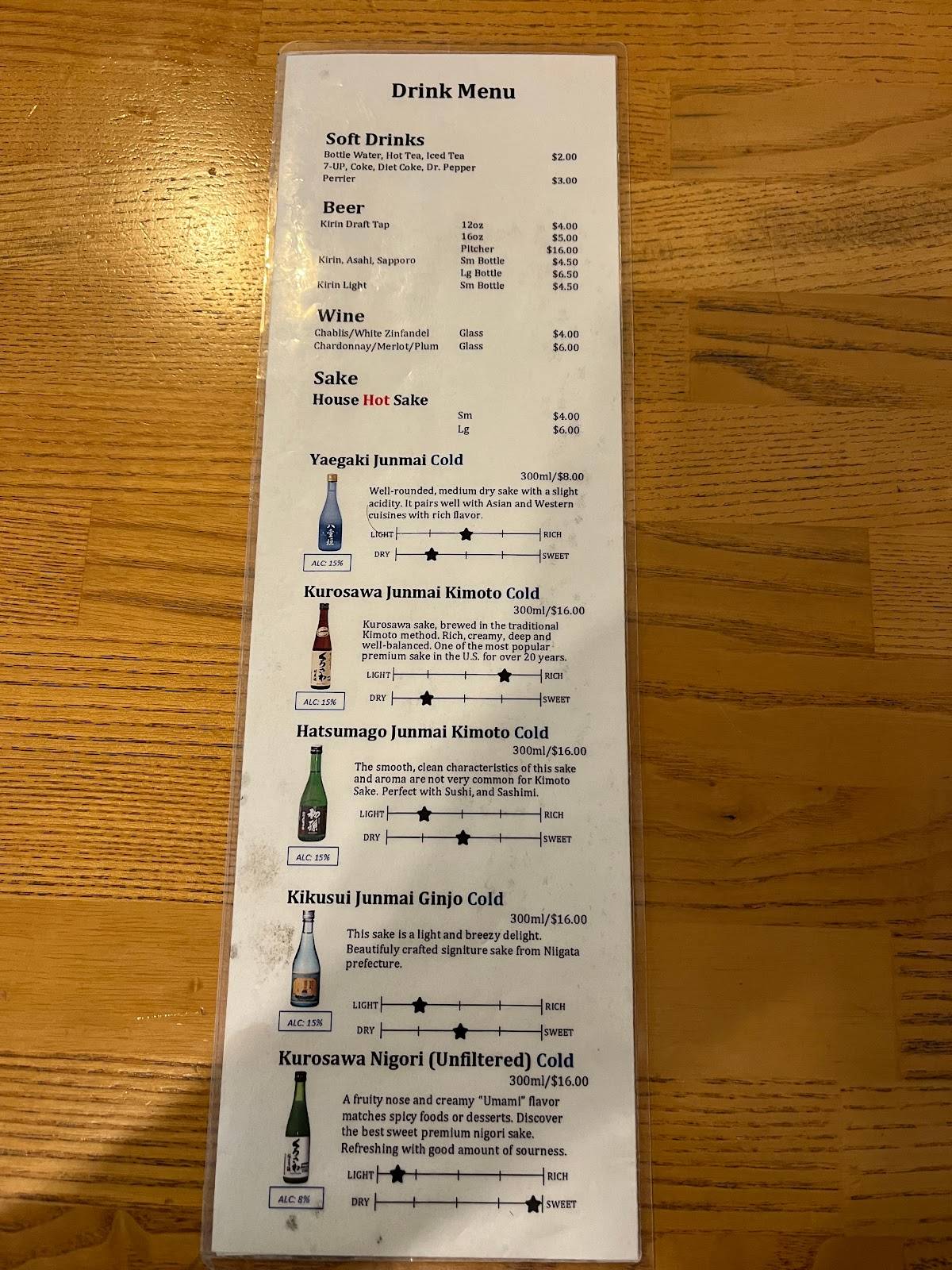 Menu at Full Moon Sushi restaurant, San Clemente