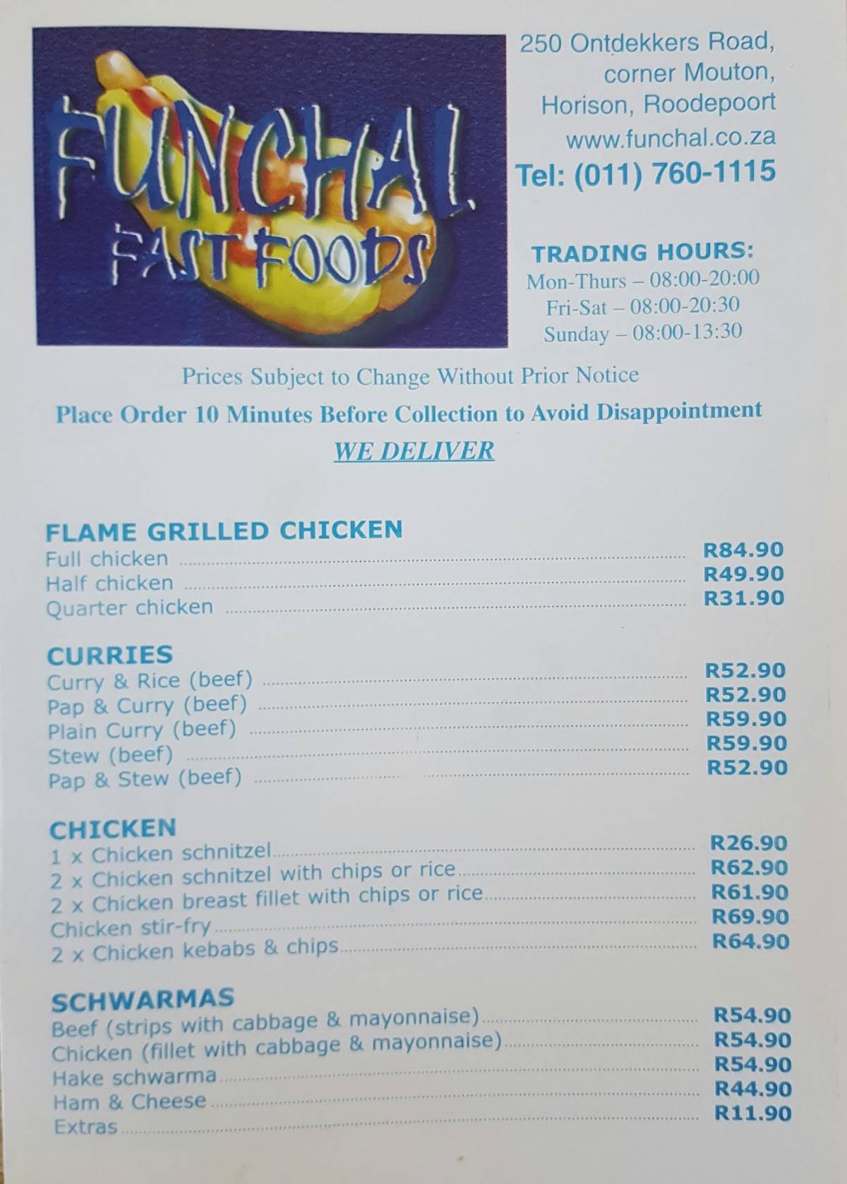 Menu at Funchal Fast Foods, Roodepoort, 167 Ontdekkers Rd