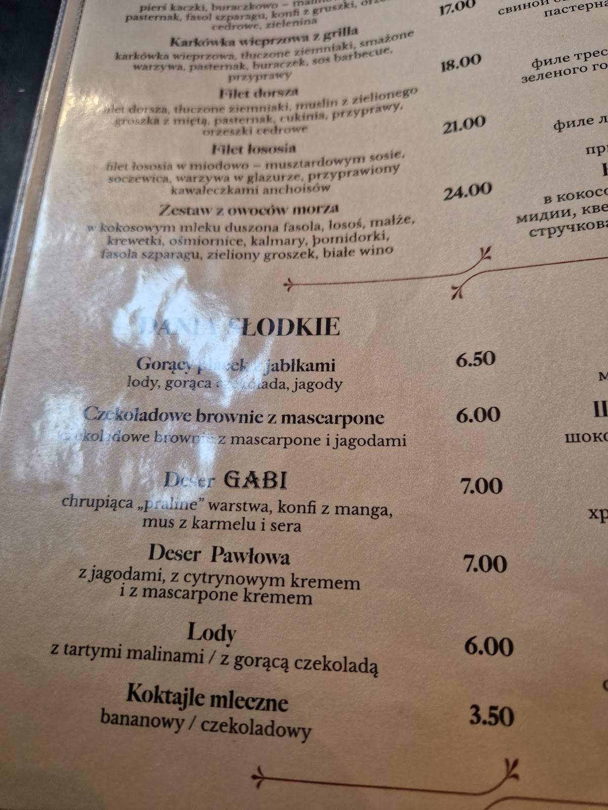 Menu at GABI restaurant, Vilnius