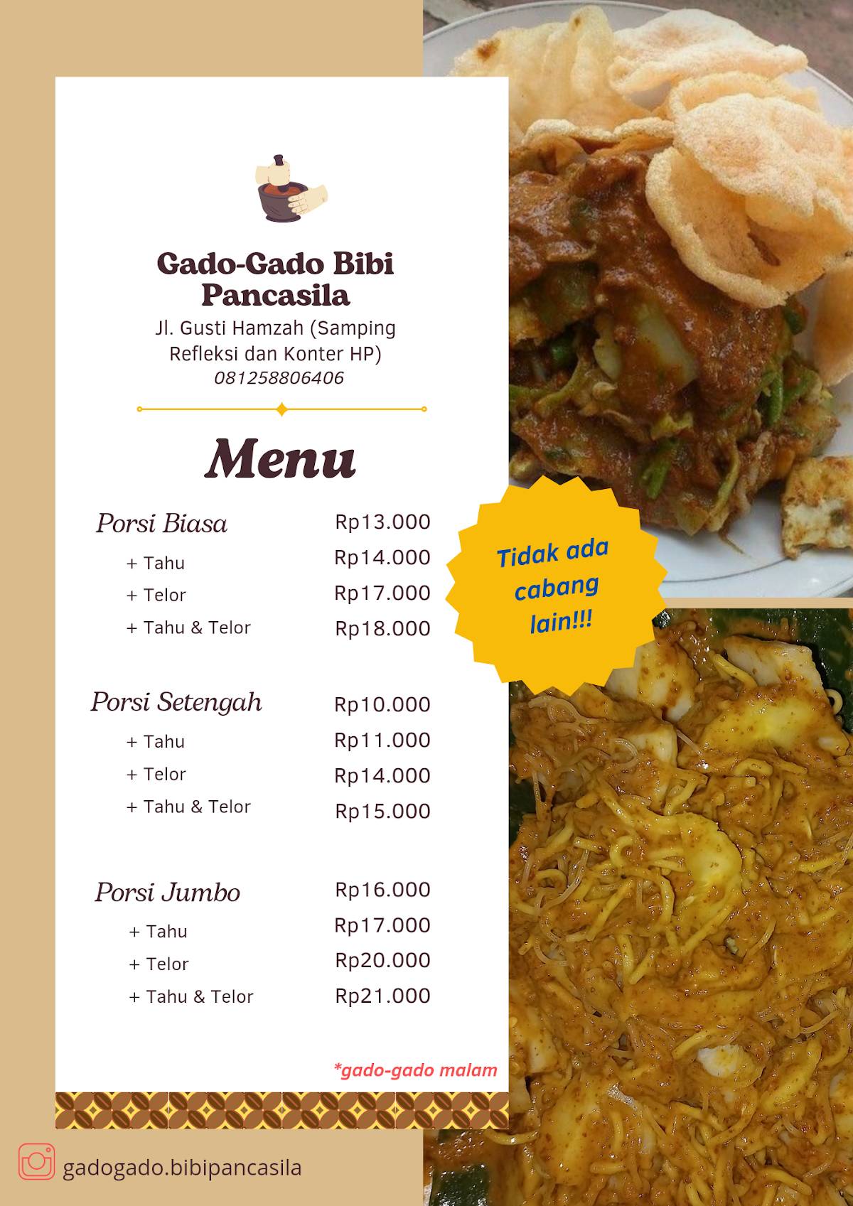 Carta del pub y bar Gado Gado Bibi Pancasila, Pontianak
