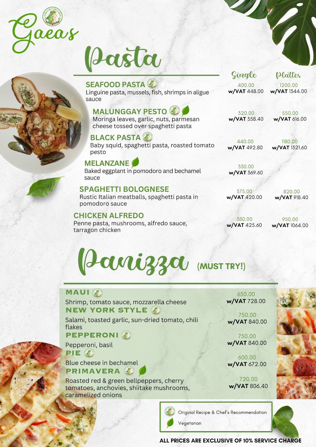 Menu at Gaea's restaurant, Tanay
