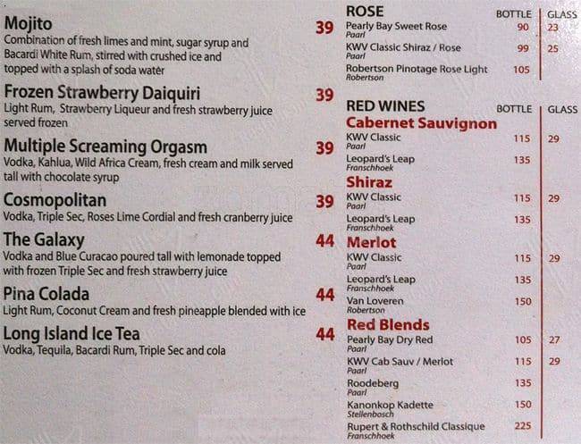 Menu at Galaxy Grill restaurant, Umhlanga, F5-G9