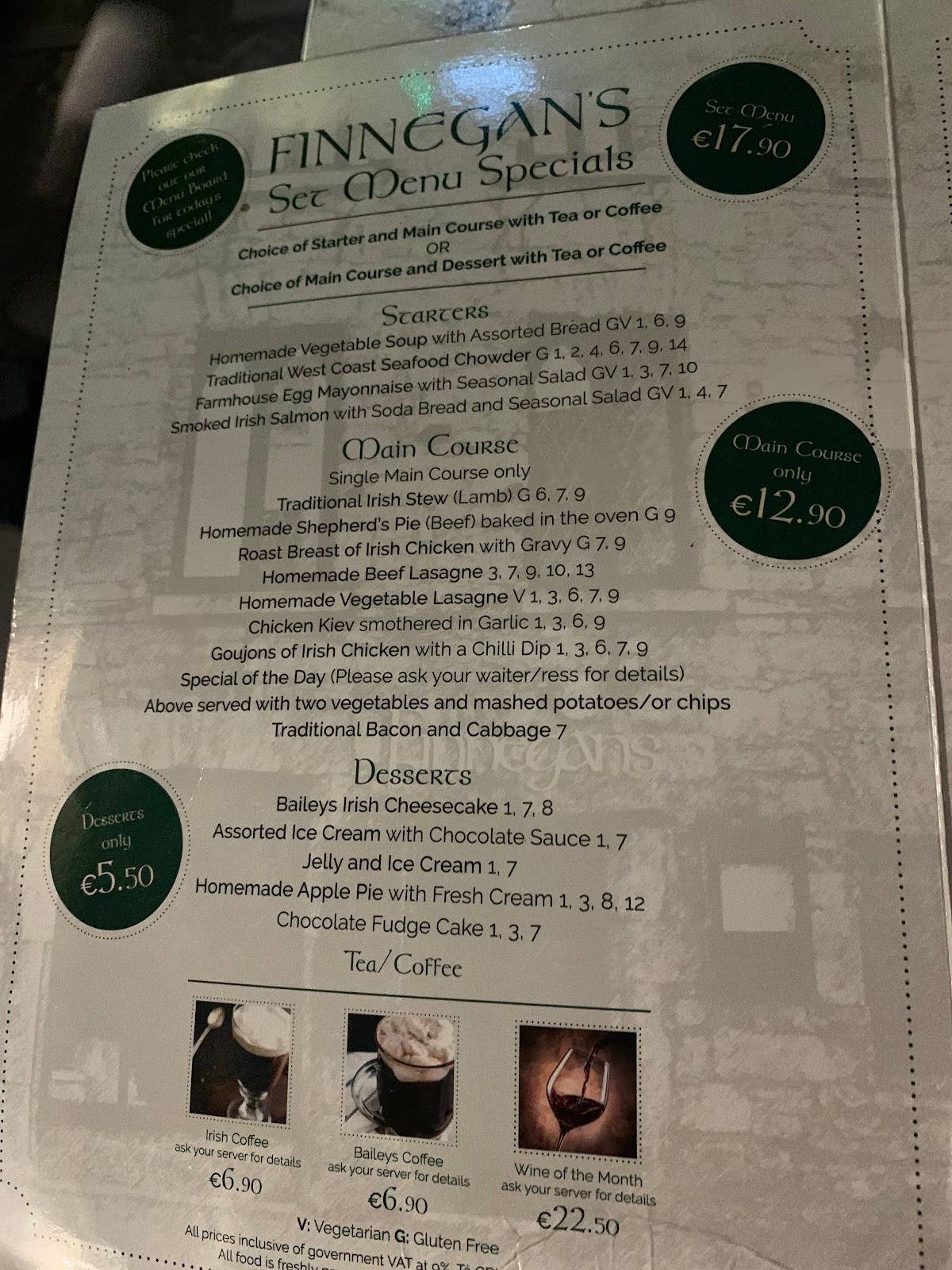 Menu at Finnegans restaurant, Galway