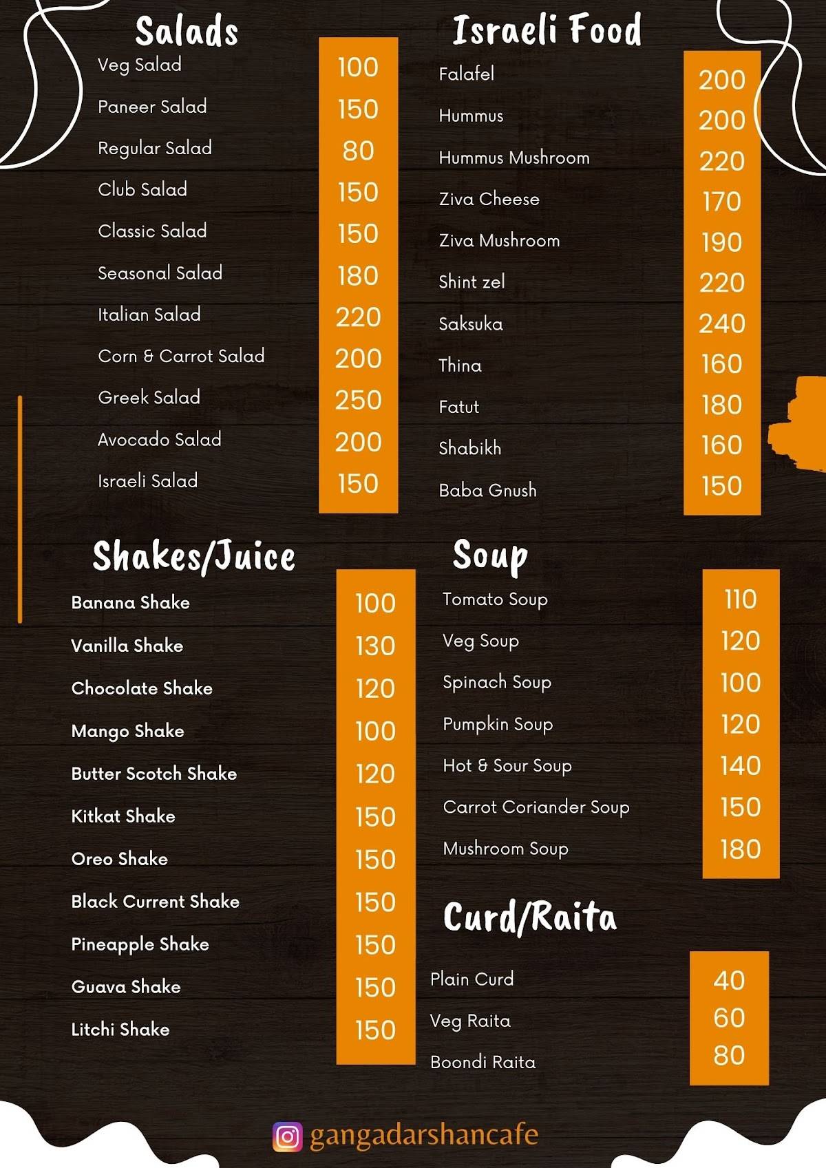 Menu at Ganga Darshan Cafe, Rishikesh