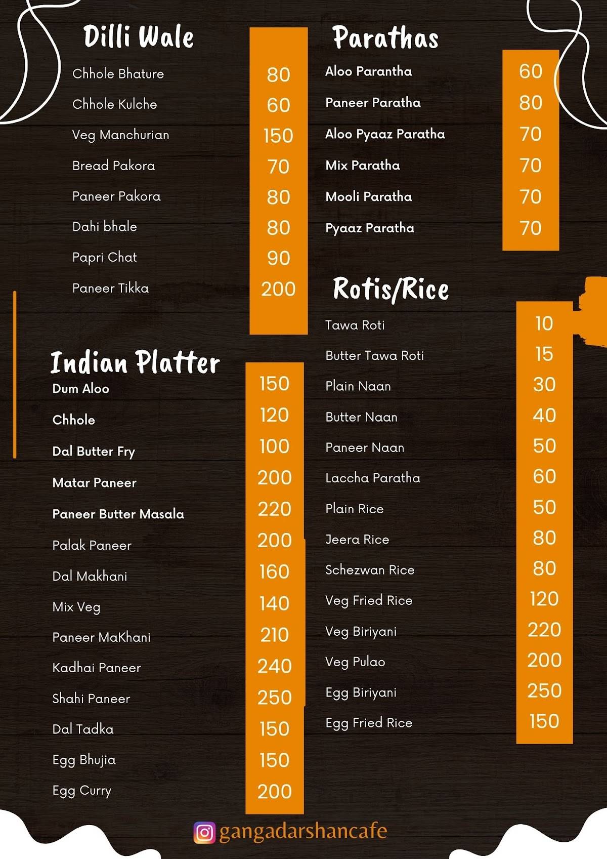 Menu at Ganga Darshan Cafe, Rishikesh