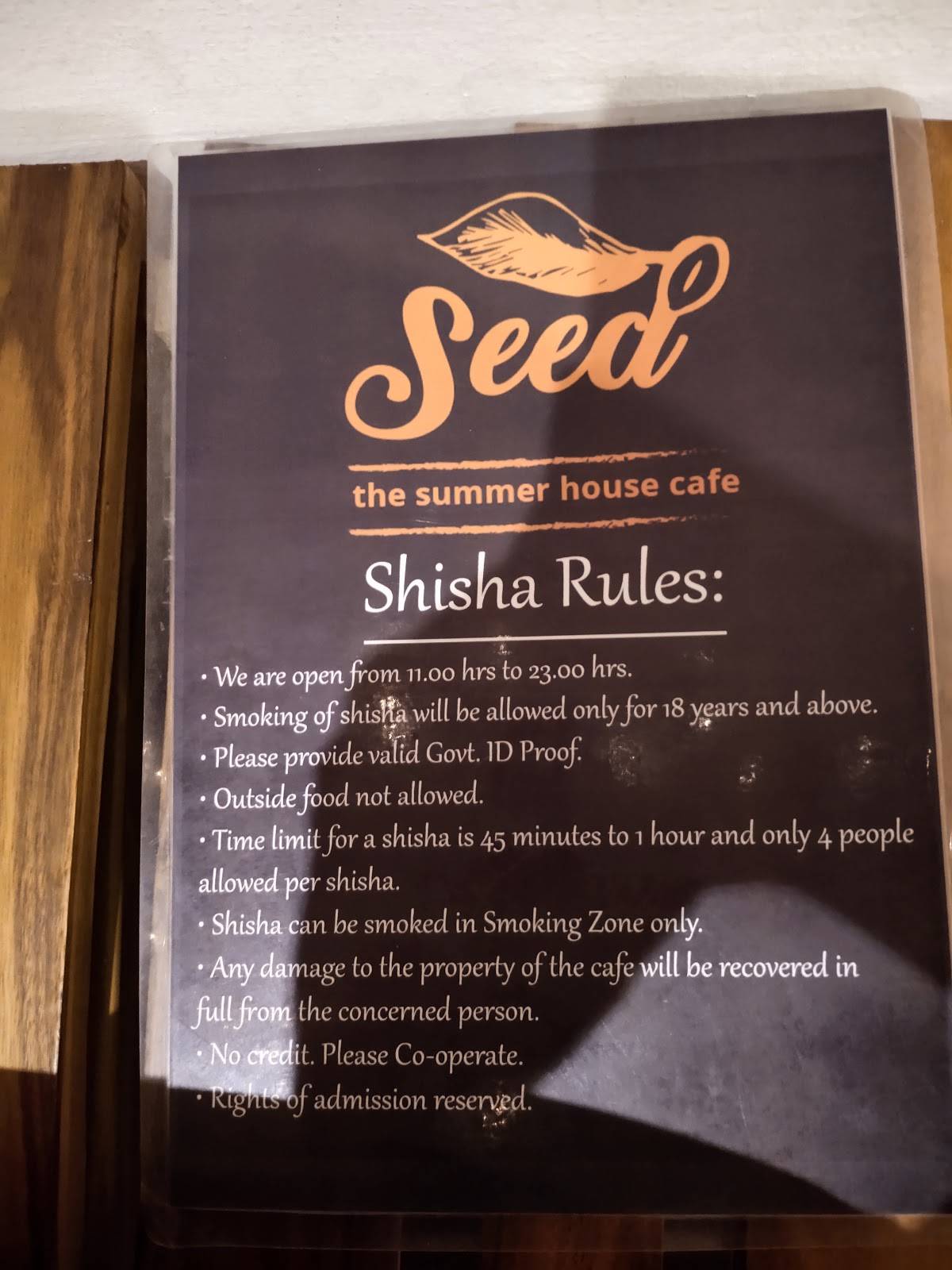 Menu at Seed Cafe, Srirangapatna