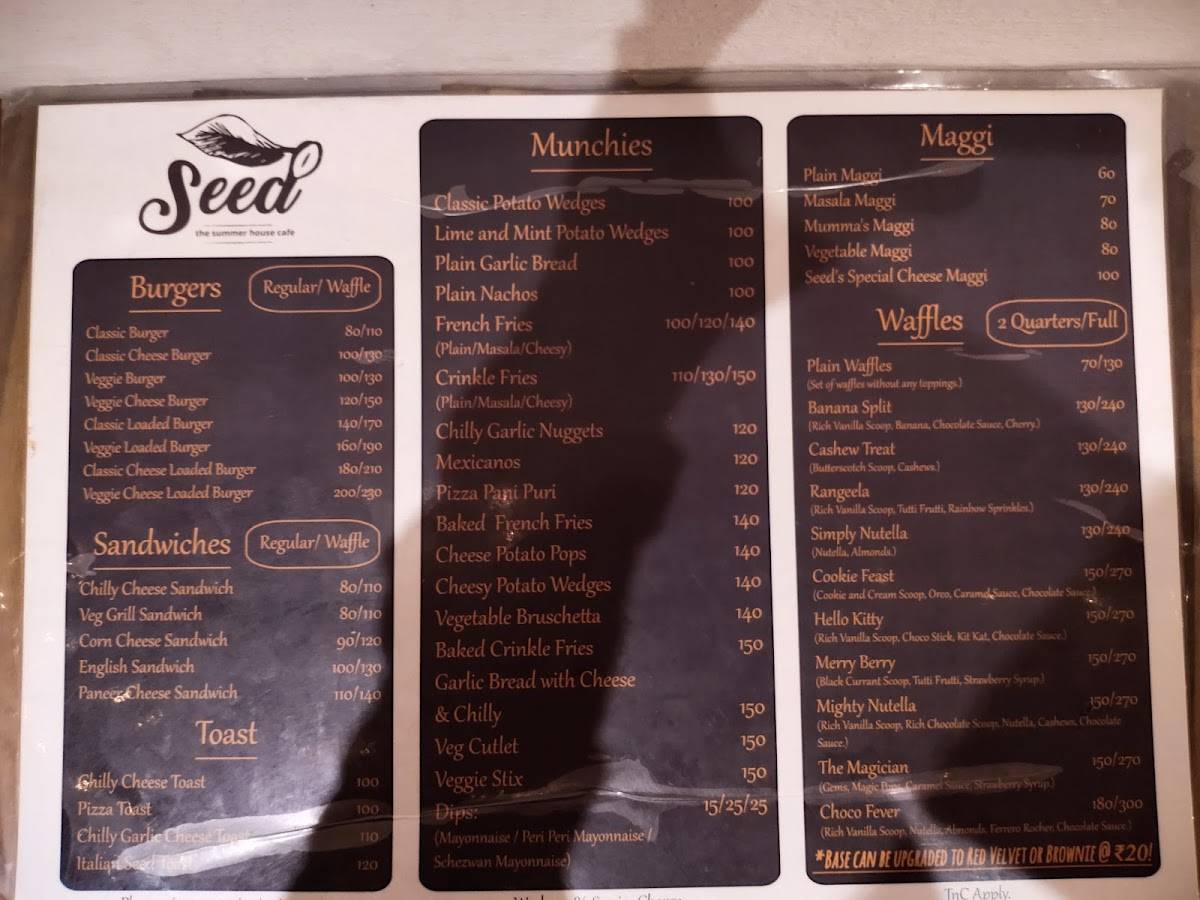 Menu at Seed Cafe, Srirangapatna