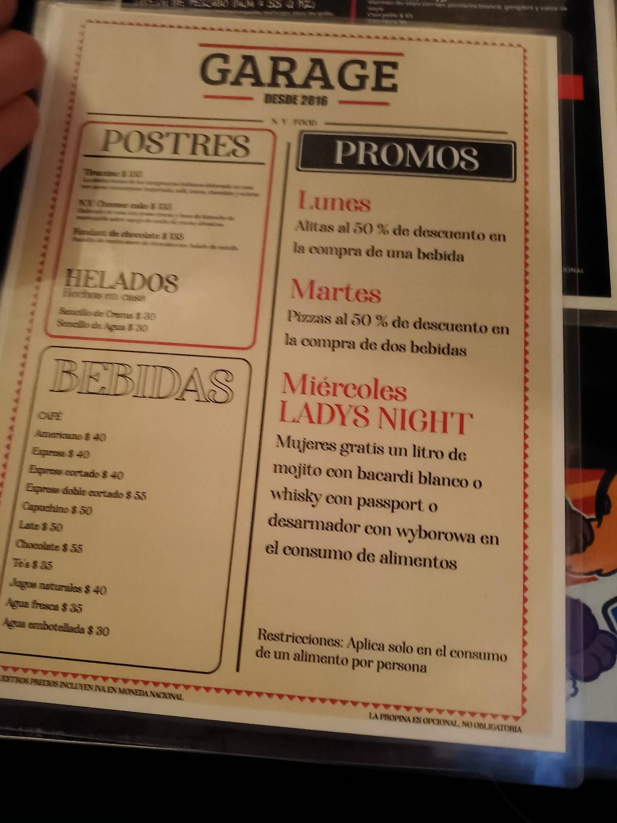 Carta de pizzería Garage, Ciudad López Mateos, Av. Tamaulipas 152