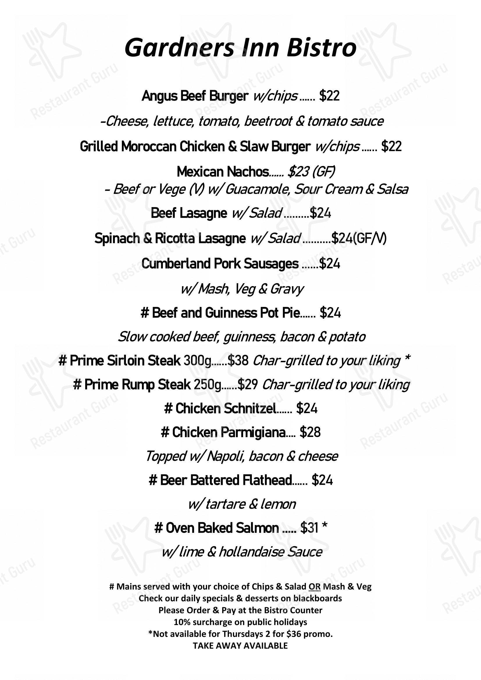 Menu at Gardners Inn Hotel pub & bar, Blackheath
