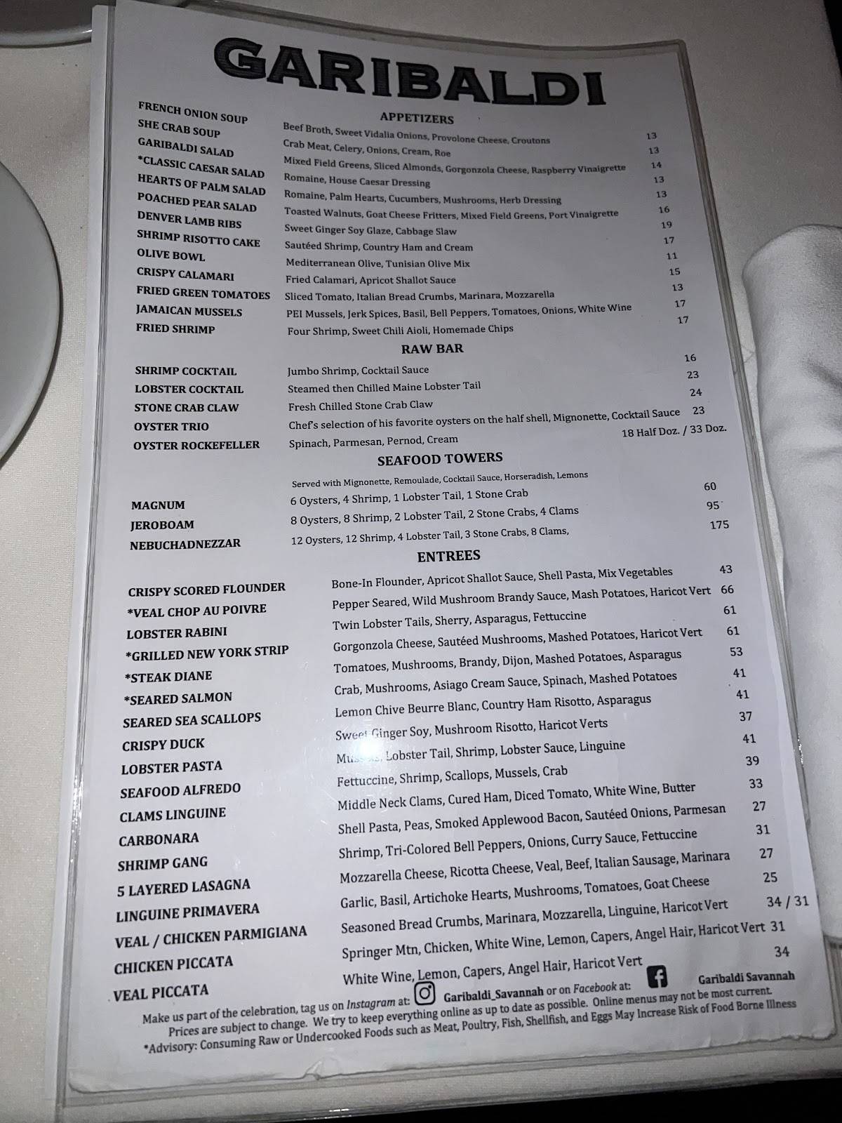 Menu at Garibaldi Savannah restaurant, Savannah