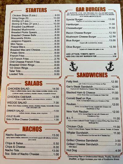 Menu at Gar's Lounge restaurant, Marine City