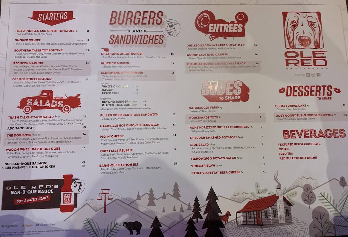 Menu at Ole Red pub & bar, Gatlinburg