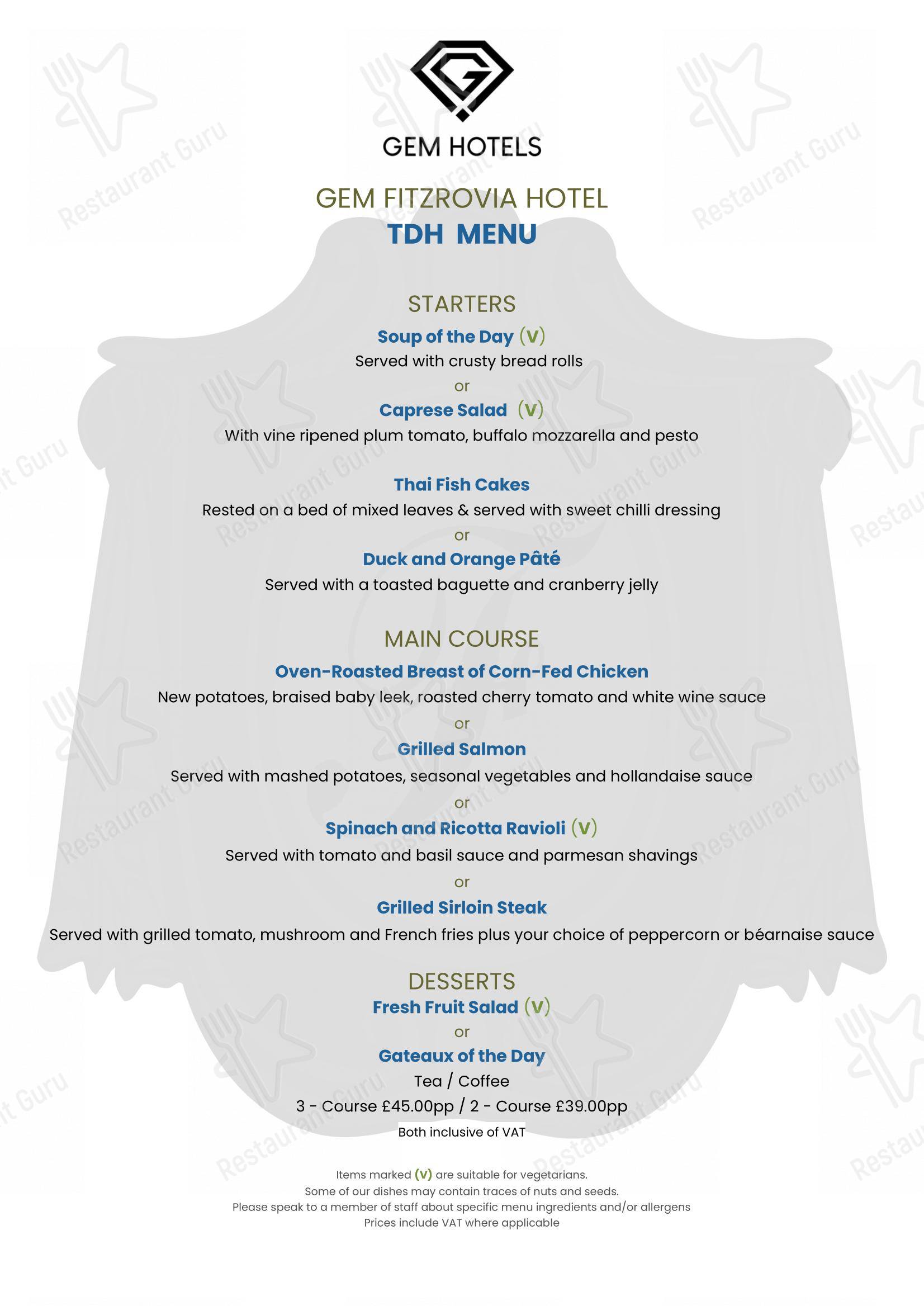 Menu at Gem Fitzrovia Hotel pub & bar, London