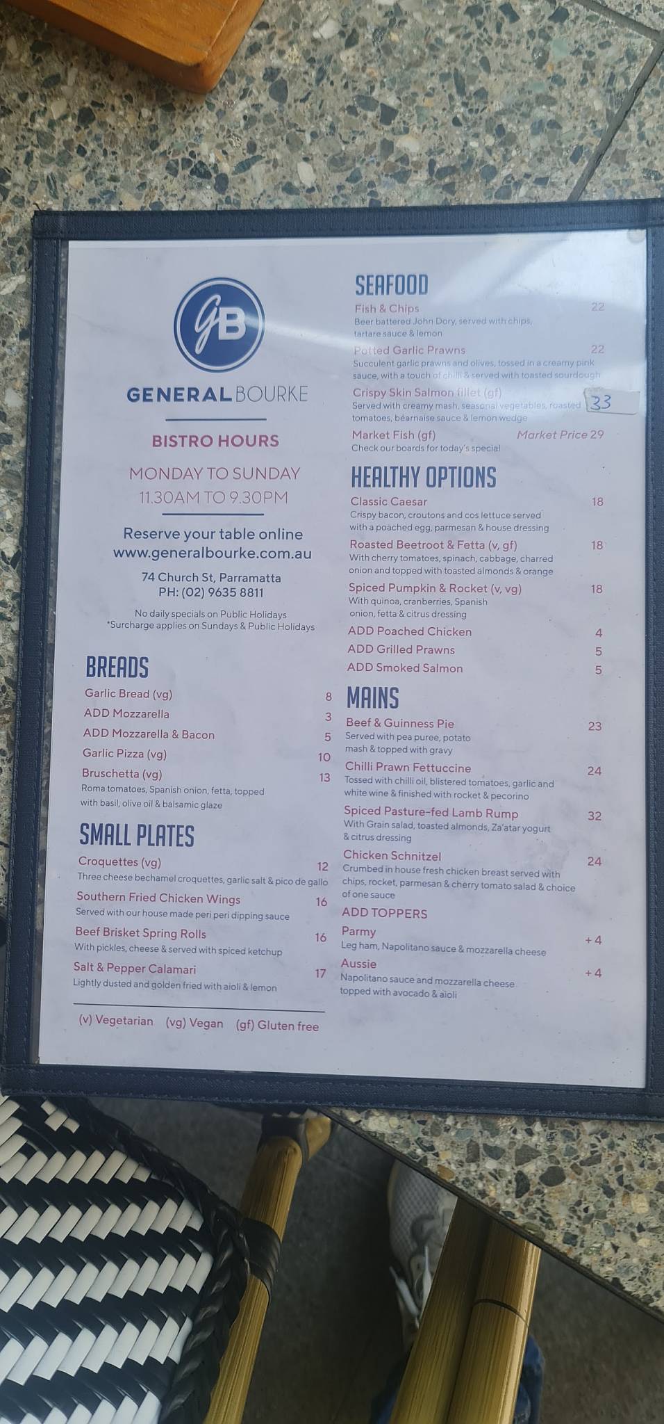 Menu at General Bourke pub & bar, Parramatta