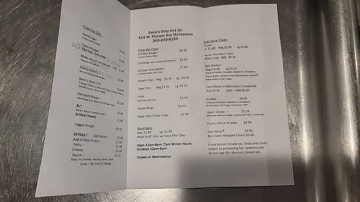 Menu at Gene's Stop and Go restaurant, Montesano