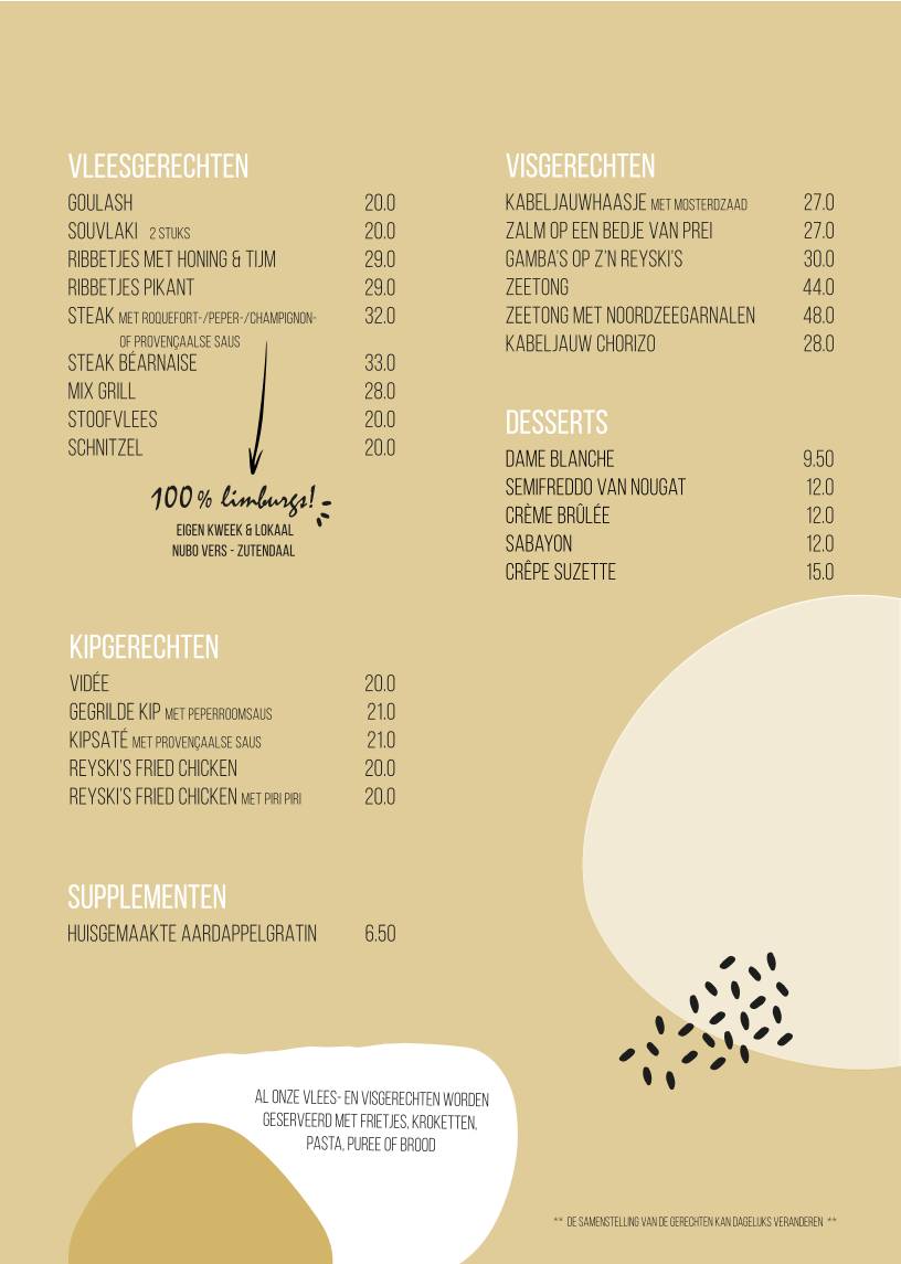 Menu at Reyski's, Genk, Centrumlaan 36