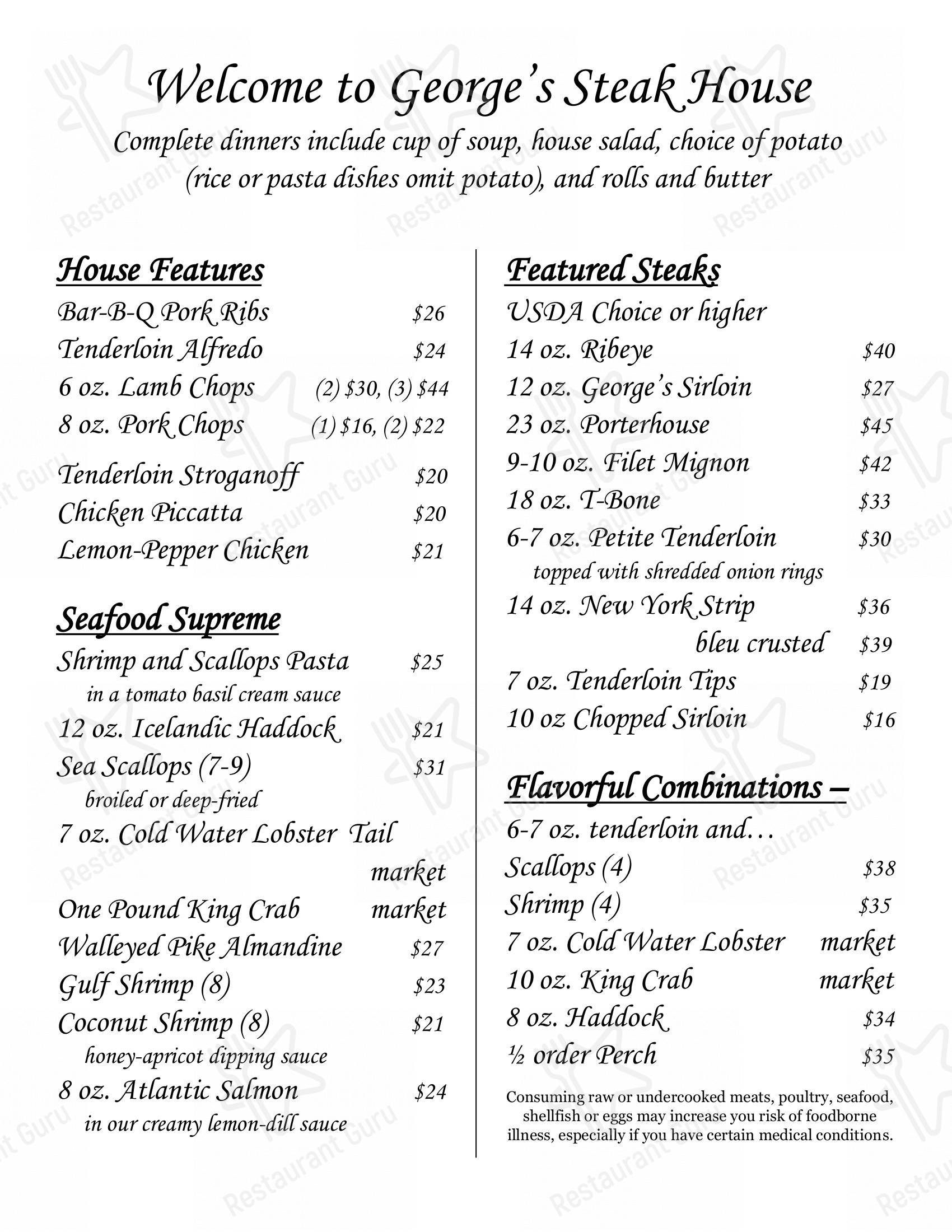 Menu at George's Steak House pub & bar, Appleton