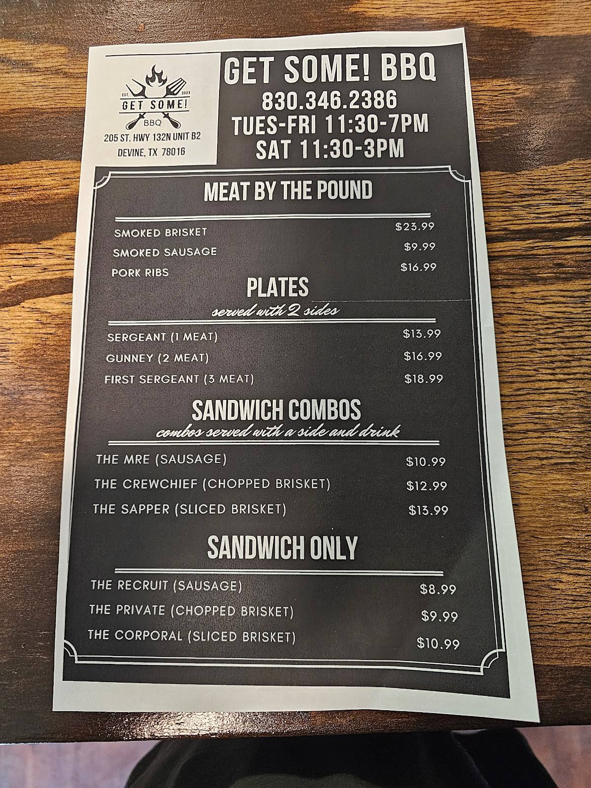 Menu at Get Some! BarBeQue, Devine