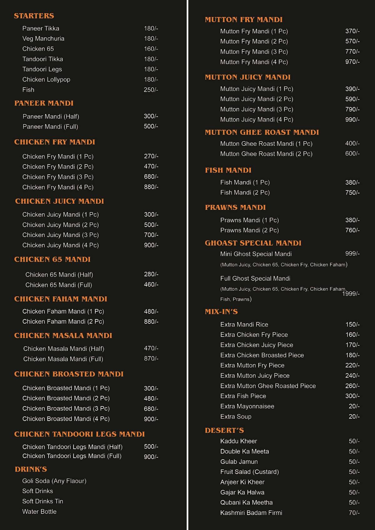 Menu at Ghost Mandi - Arabian Restaurant, Ramachandrapuram-Bhel Township