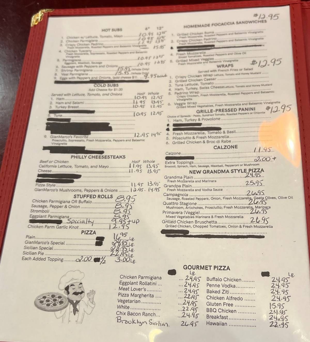Menu at GianMarco's restaurant, Millstone