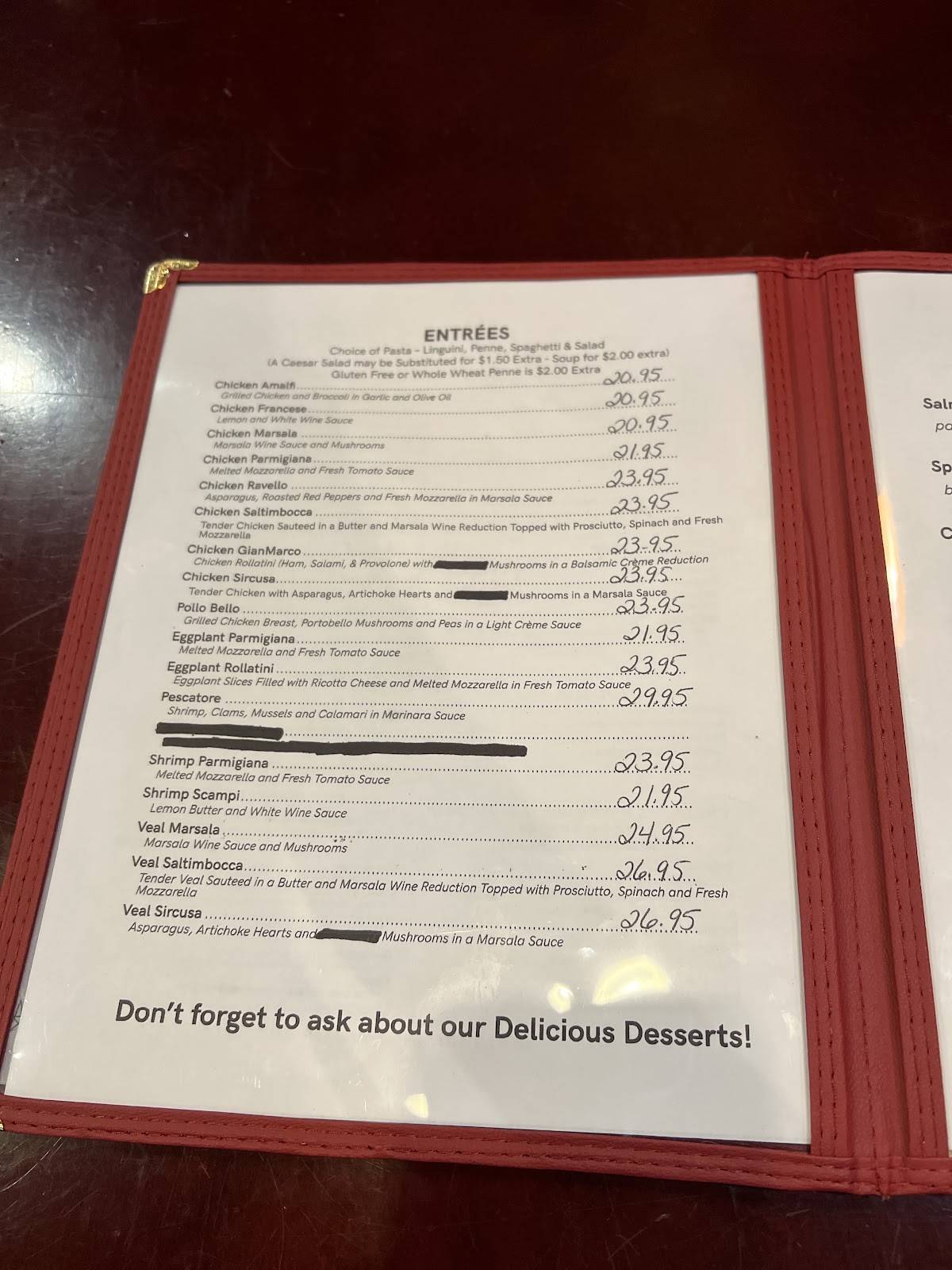 Menu at GianMarco's restaurant, Millstone