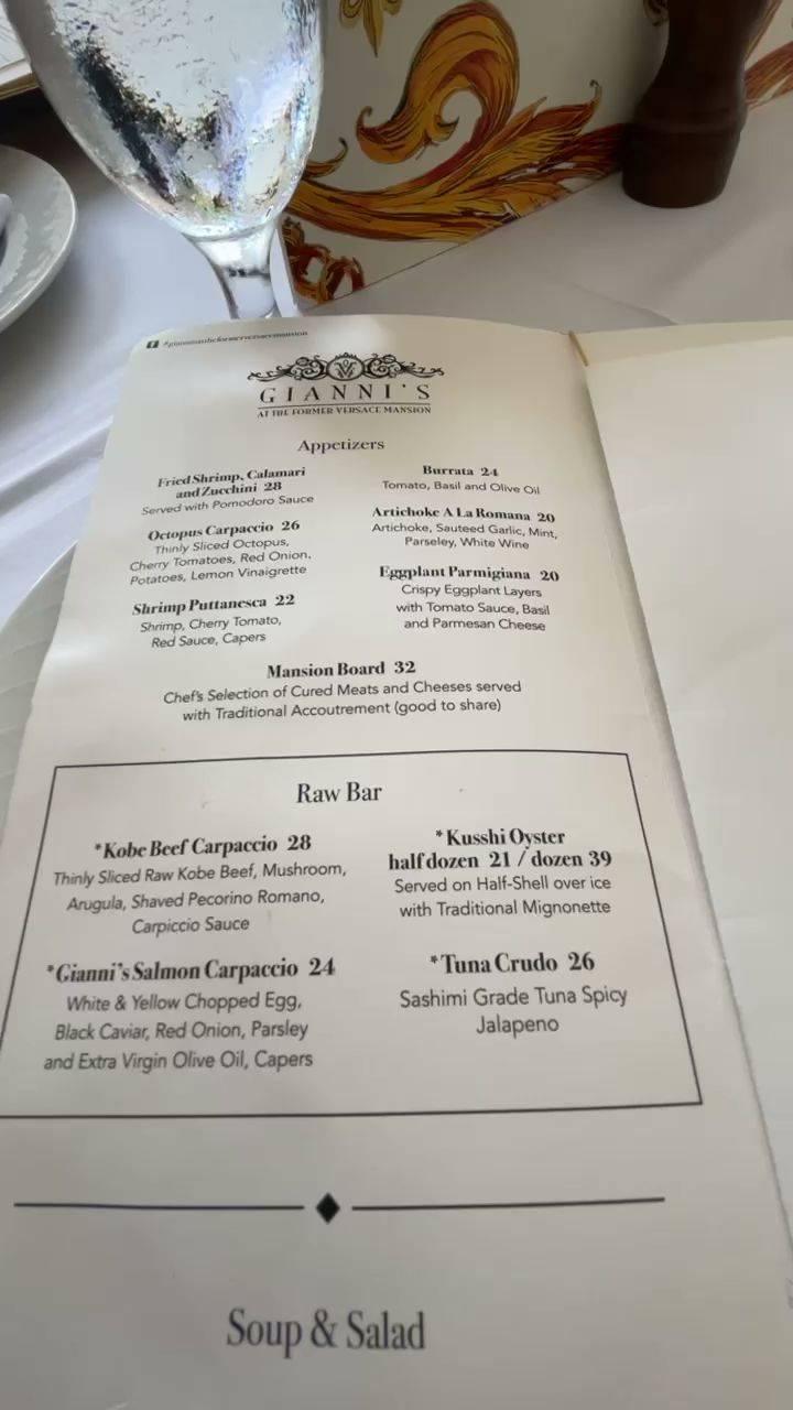 Menu at Gianni's At The Former Versace Mansion restaurant, Miami Beach