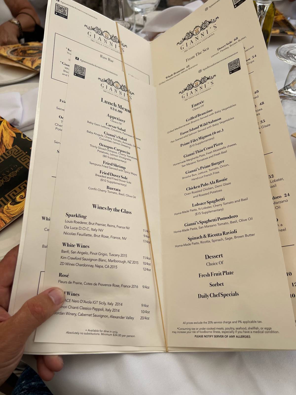 Menu at Gianni's At The Former Versace Mansion restaurant, Miami Beach