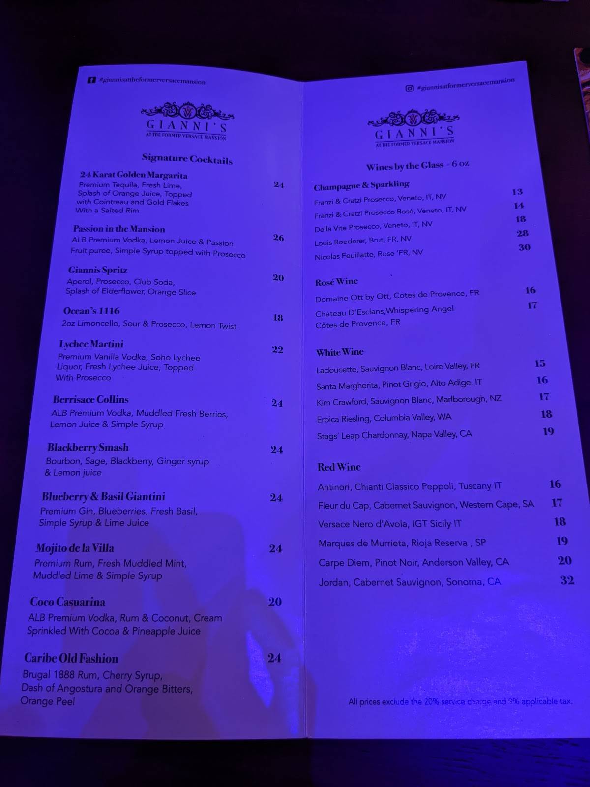 Menu at Gianni's At The Former Versace Mansion restaurant, Miami Beach