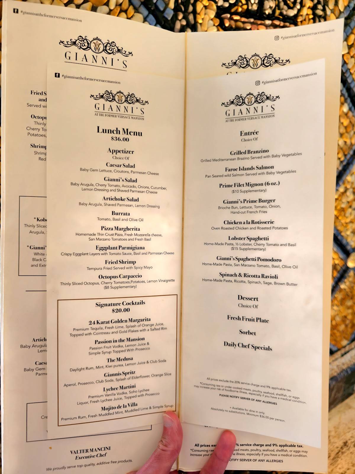 Menu at Gianni's At The Former Versace Mansion restaurant, Miami Beach
