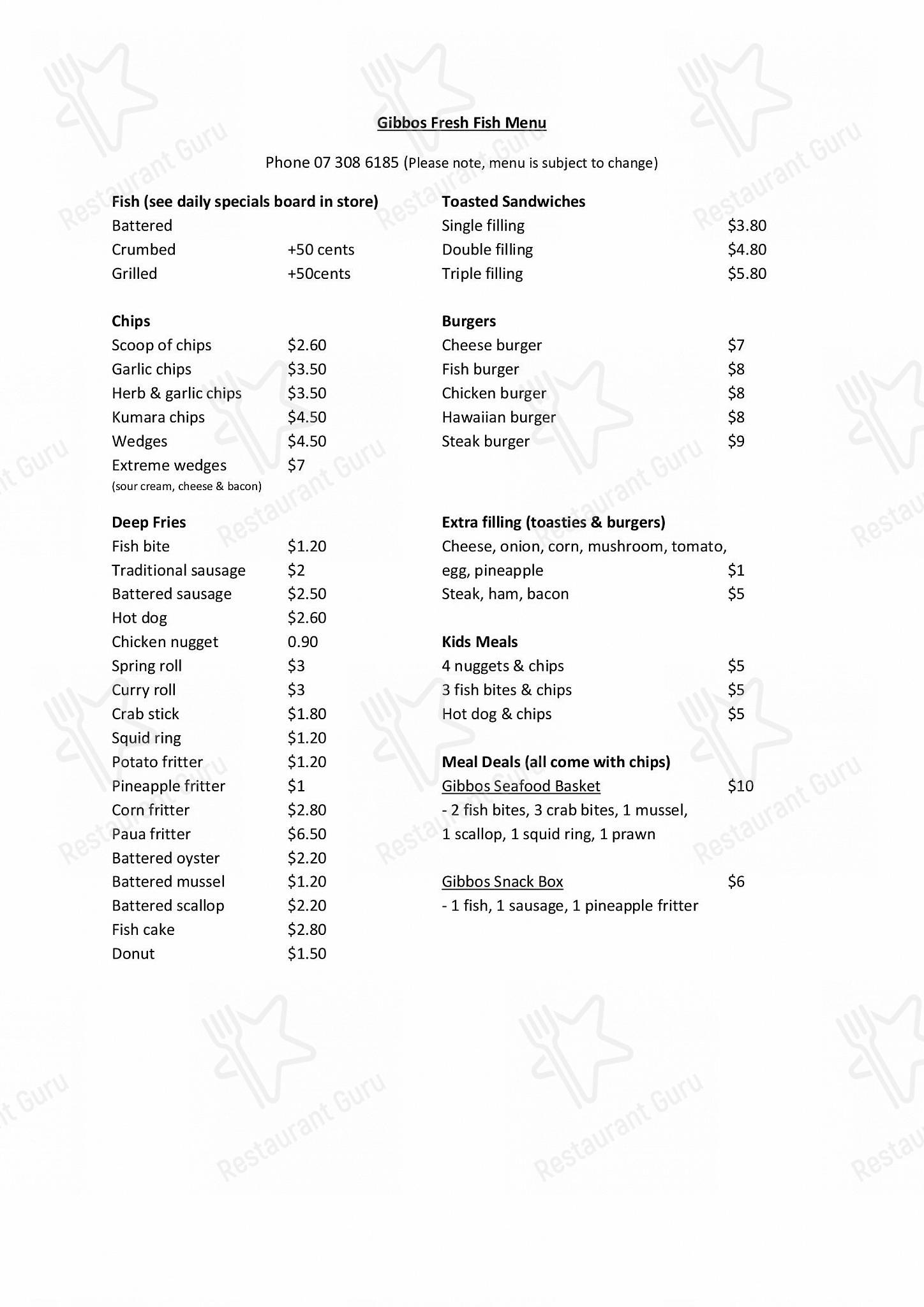 Menu at Gibbo's Fresh Fish restaurant, Whakatane