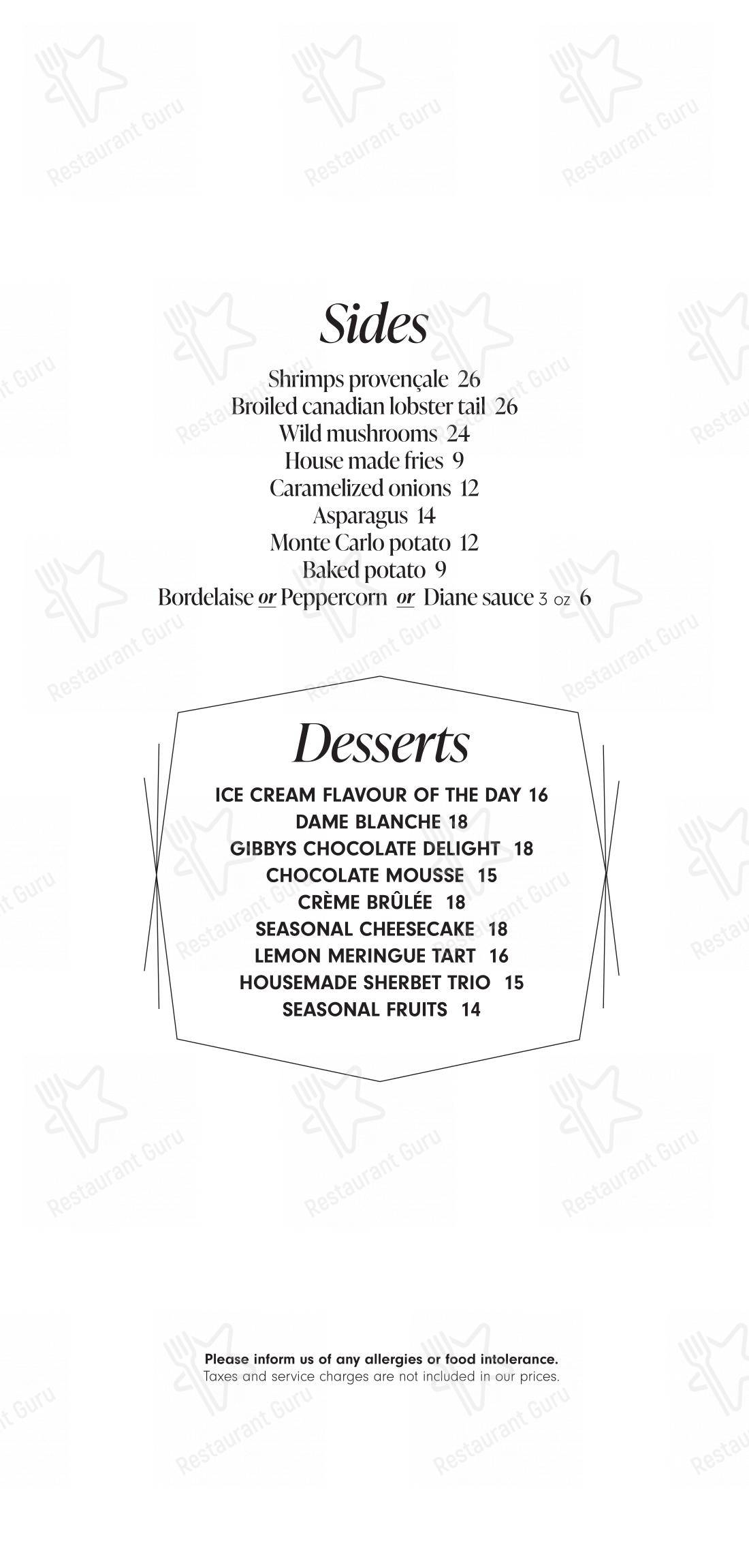 Menu au Gibbys restaurant à viande, Montréal