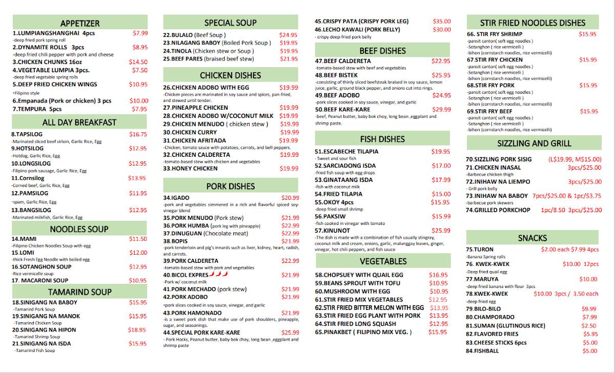 Menu au Giga's Pinoy Carinderia restaurant, Cochrane