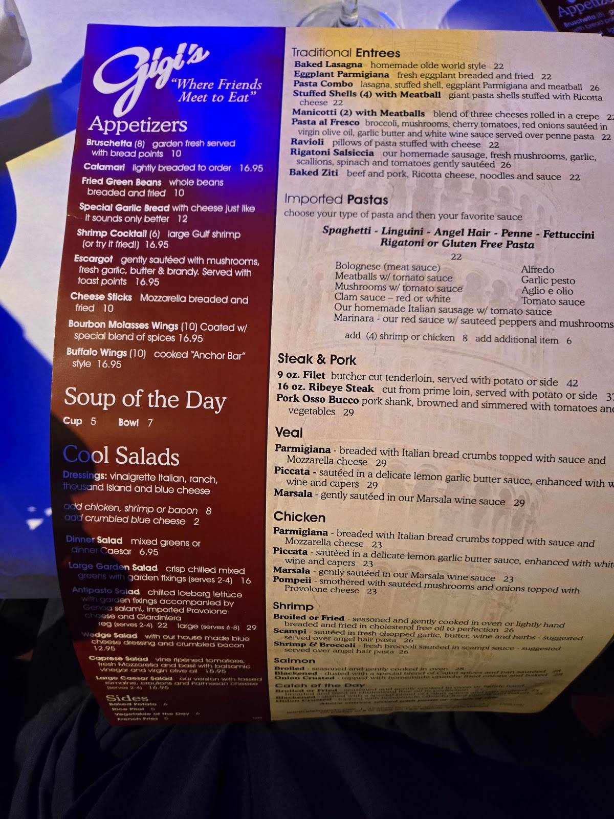 Menu at Gigi's Italian Restaurants, Treasure Island