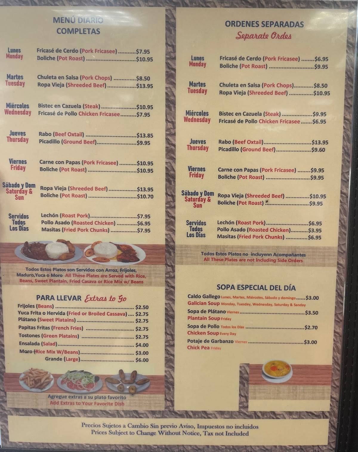 Menu at Gilberto's Cafeteria, North Bergen