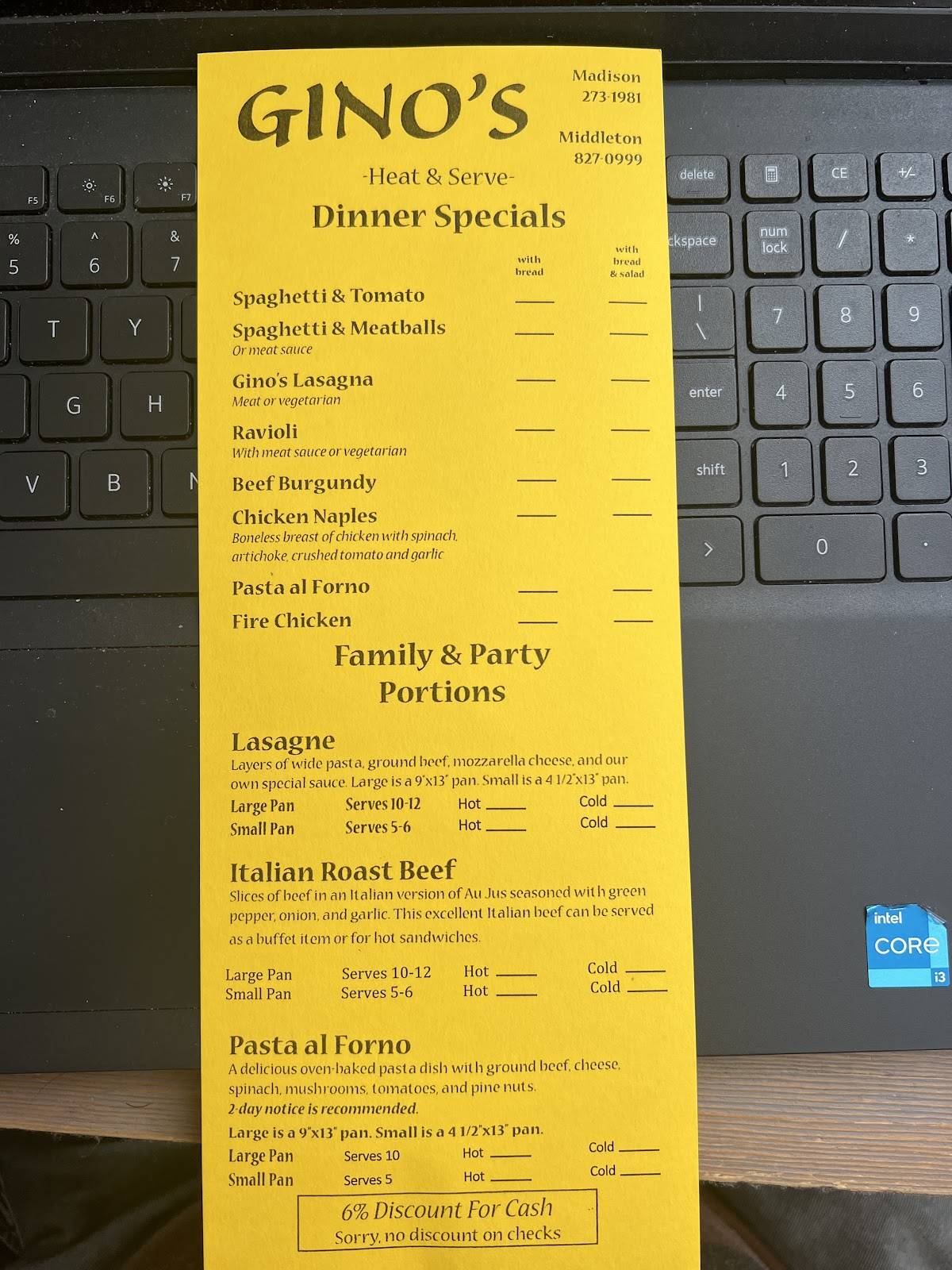 Menu at Gino's Italian Deli restaurant, Madison, Verona Rd