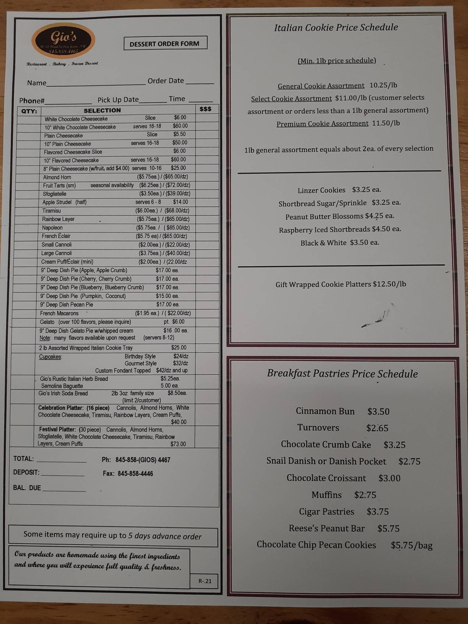 Menu at Gio's Gelato cafe, Port Jervis, 31 Pike St