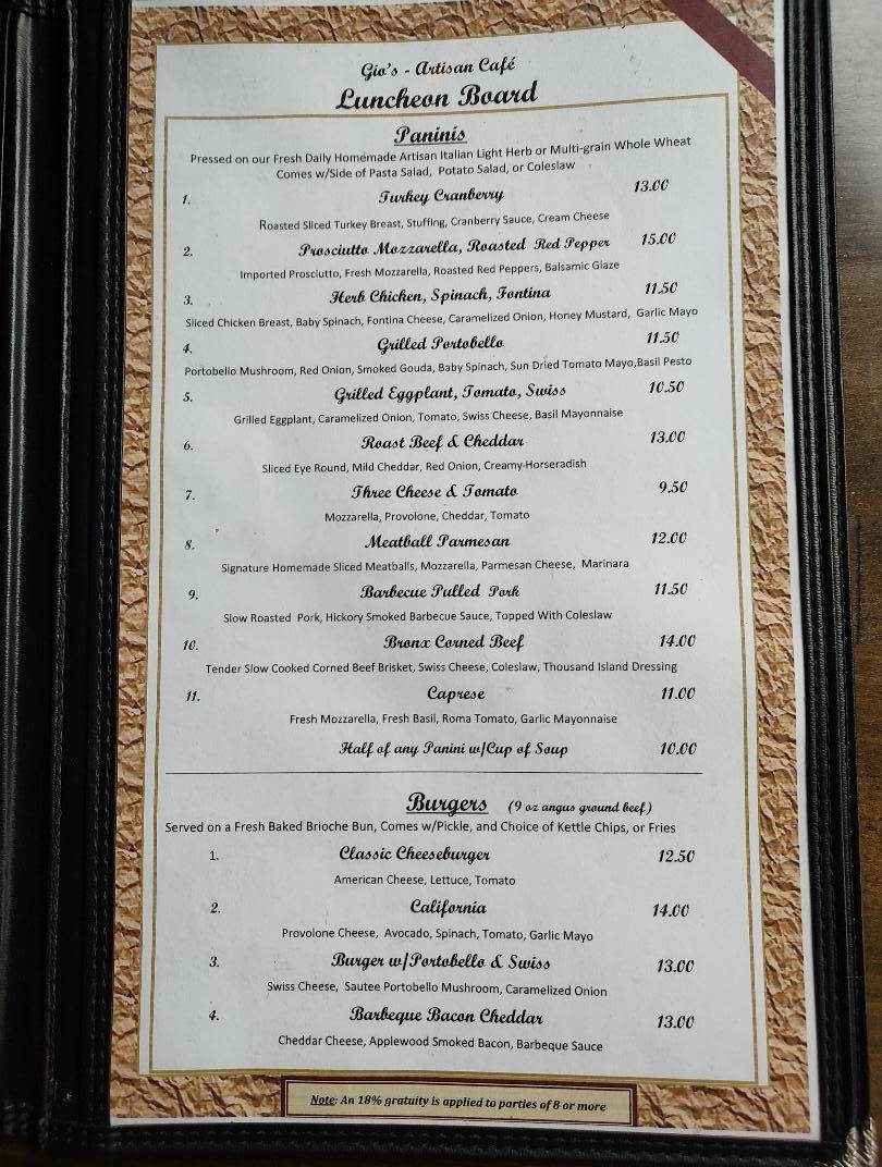 Menu at Gio's Gelato cafe, Port Jervis, 31 Pike St