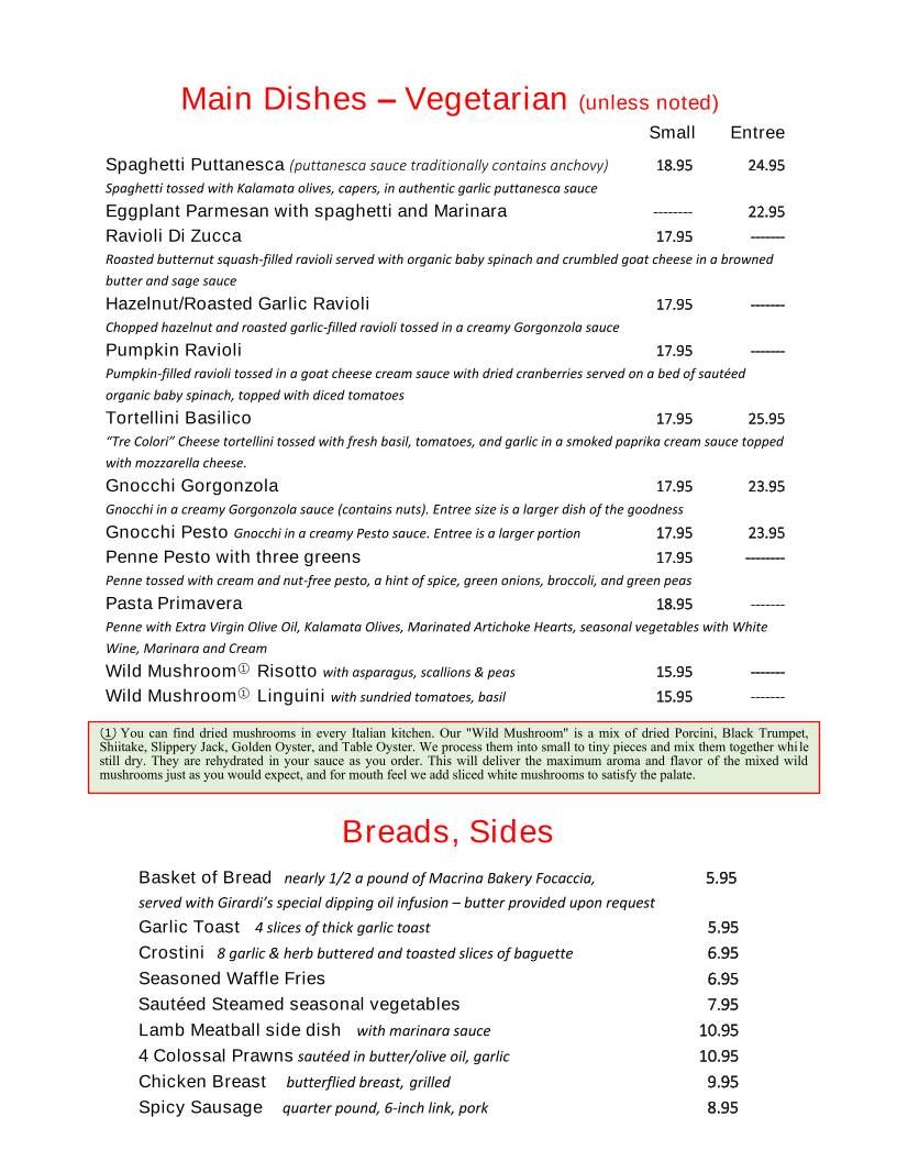 Menu at Girardi's Osteria restaurant, Edmonds